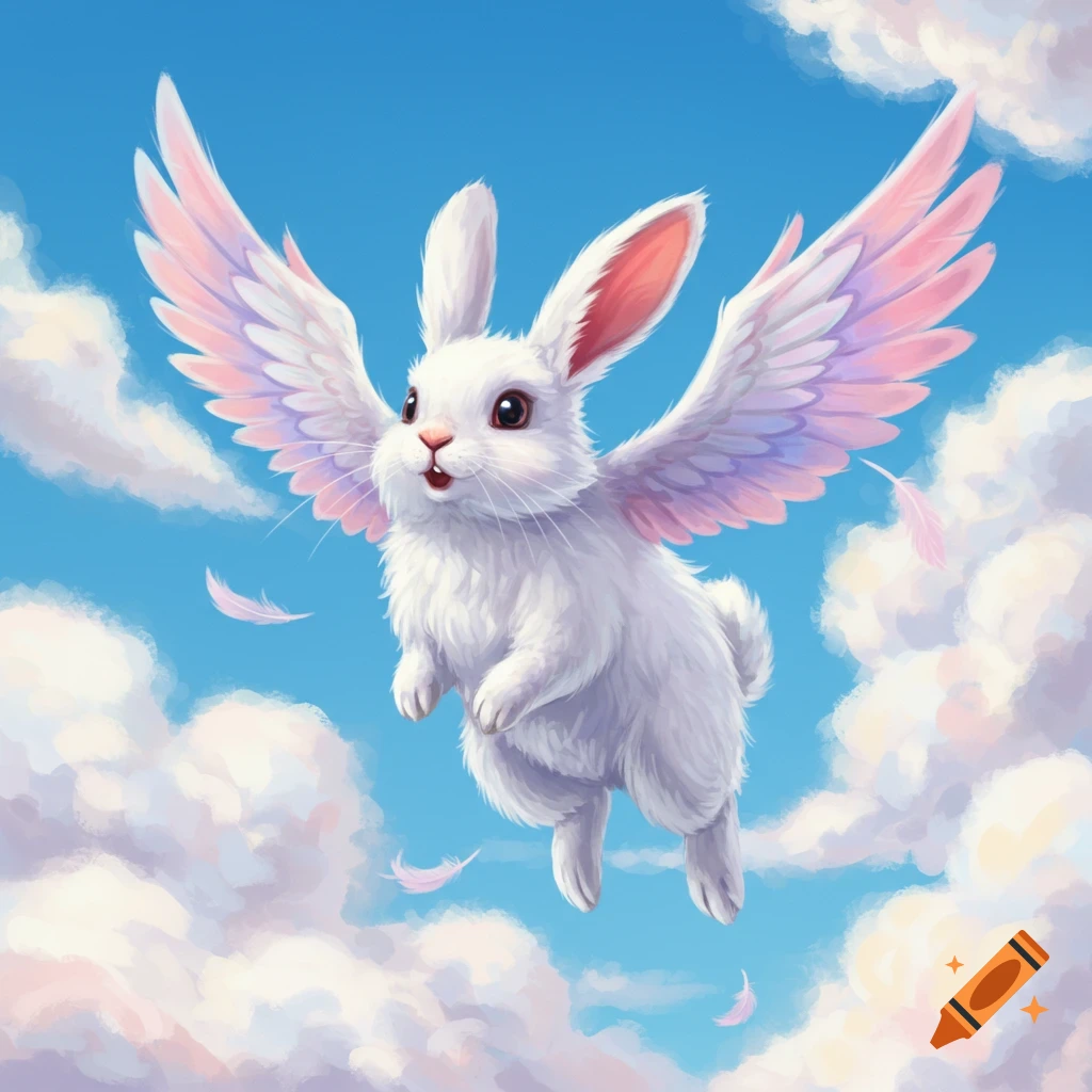 A white rabbit with pink wings flies through a blue sky with clouds and ...