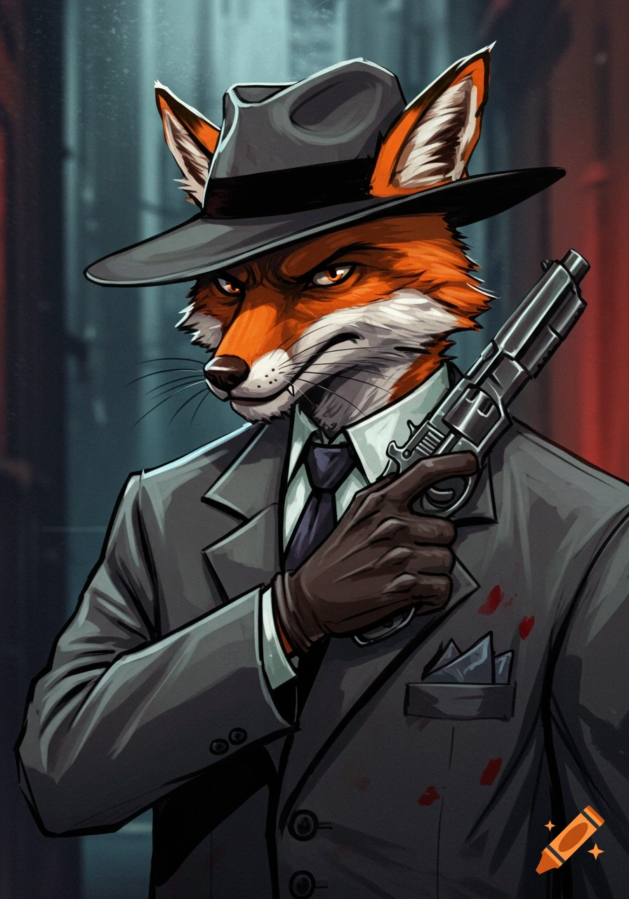 An anthropomorphic fox in a suit and fedora holds a pistol in a dark ...
