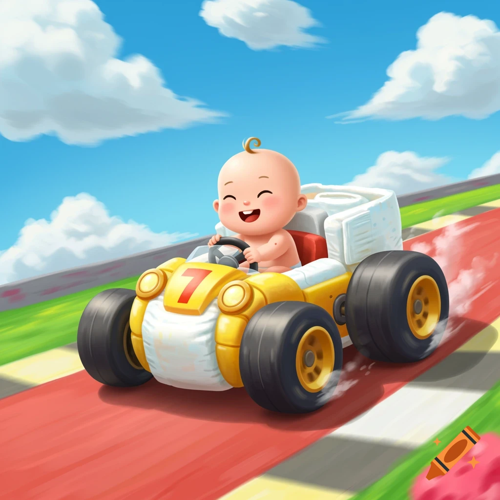 Cartoon illustration of a smiling baby driving a yellow diaper-shaped ...