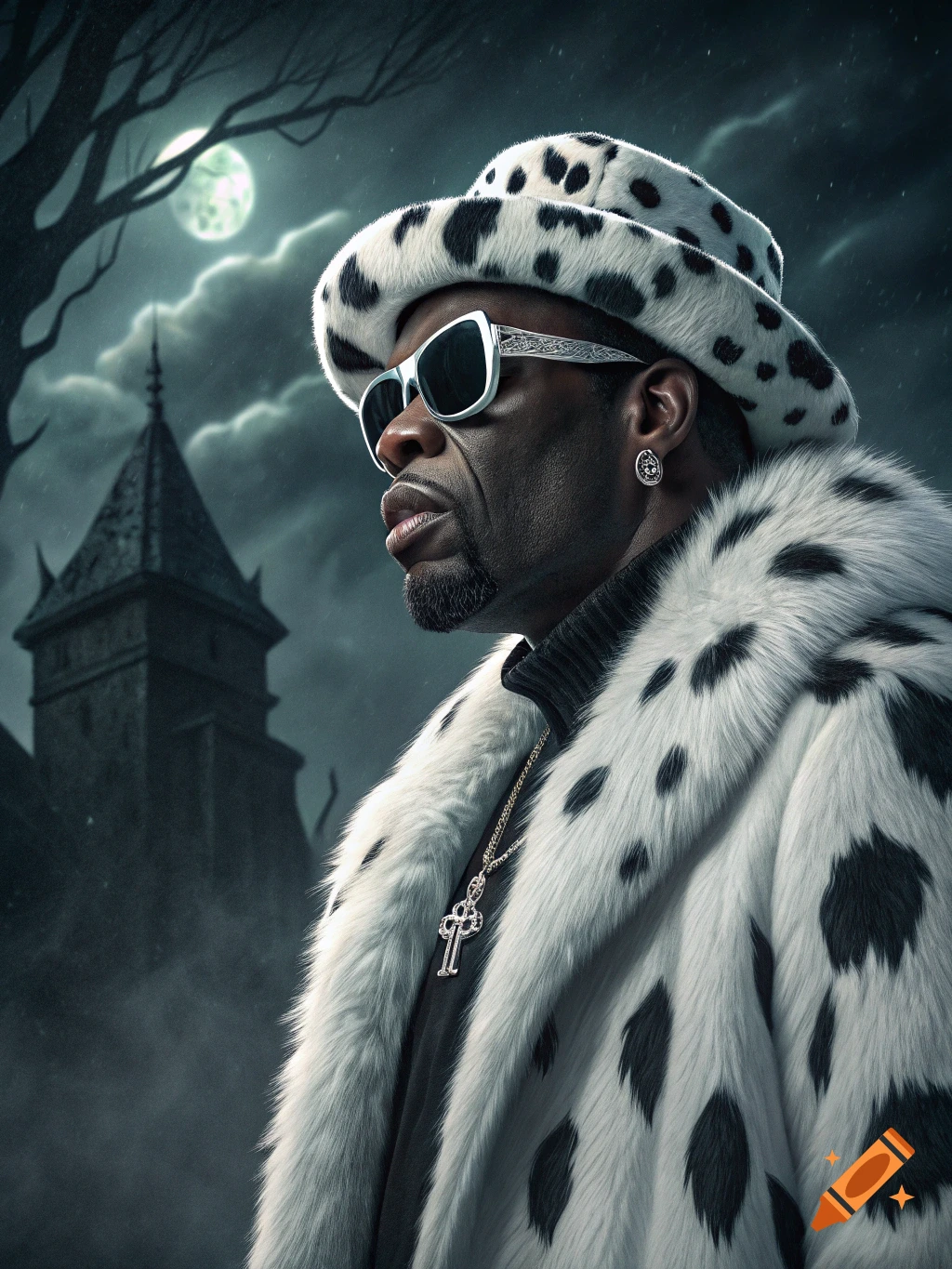 Man resembling 50 Cent wears spotted fur coat and hat, sunglasses, and ...