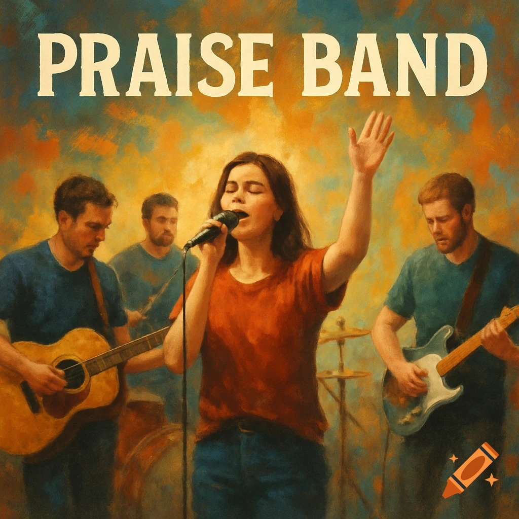 A praise band performs on stage with text 'PRAISE BAND' above them in a ...
