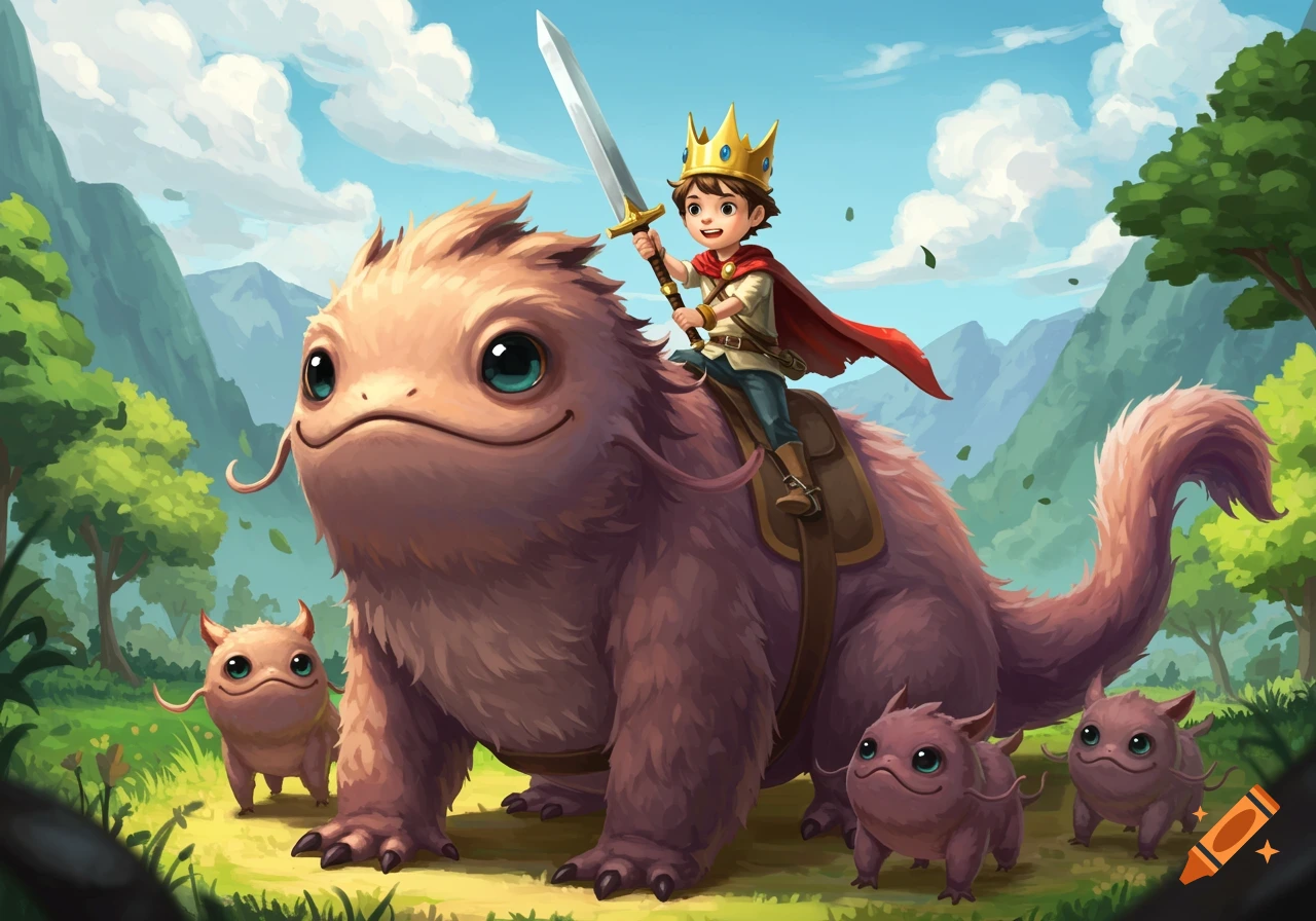 A boy with a crown and sword rides a large fuzzy monster in a landscape ...
