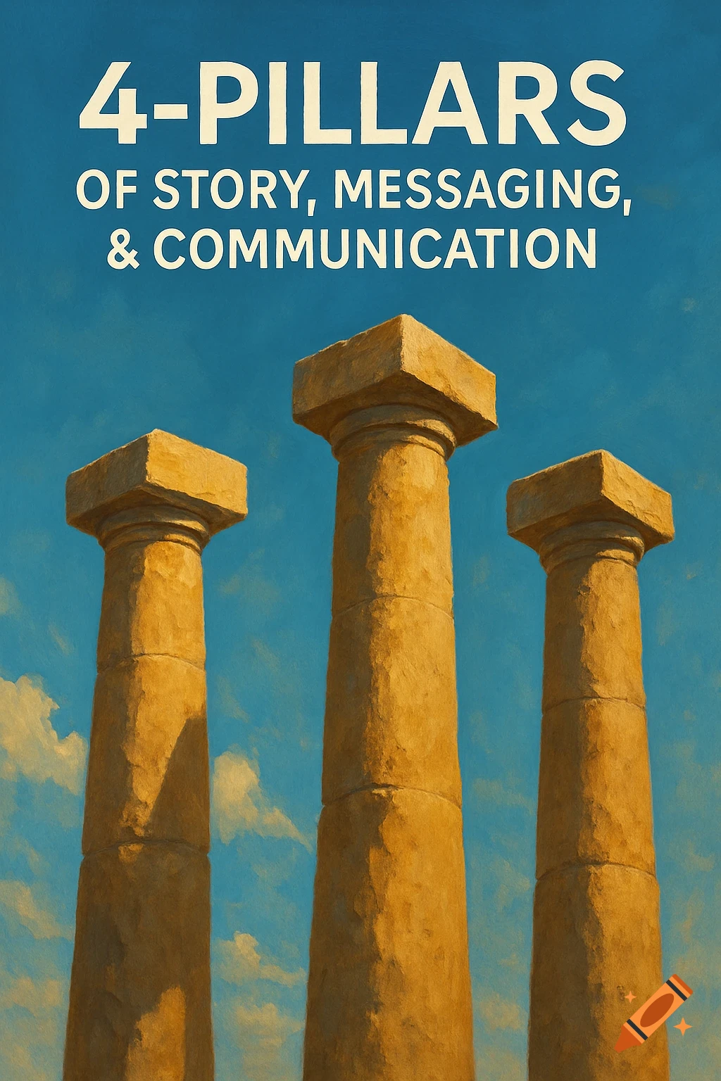 Three ancient stone pillars against a blue sky with text '4-PILLARS OF ...