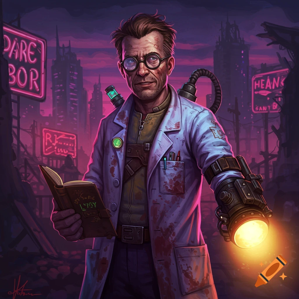 Illustrated post-apocalyptic scientist in bloody lab coat holding a ...
