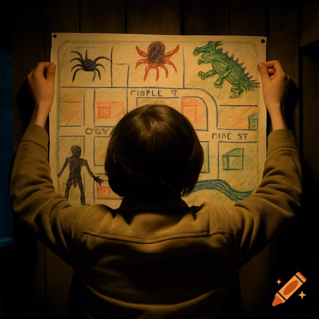 A child holds up a hand-drawn map with crayons depicting a neighborhood ...