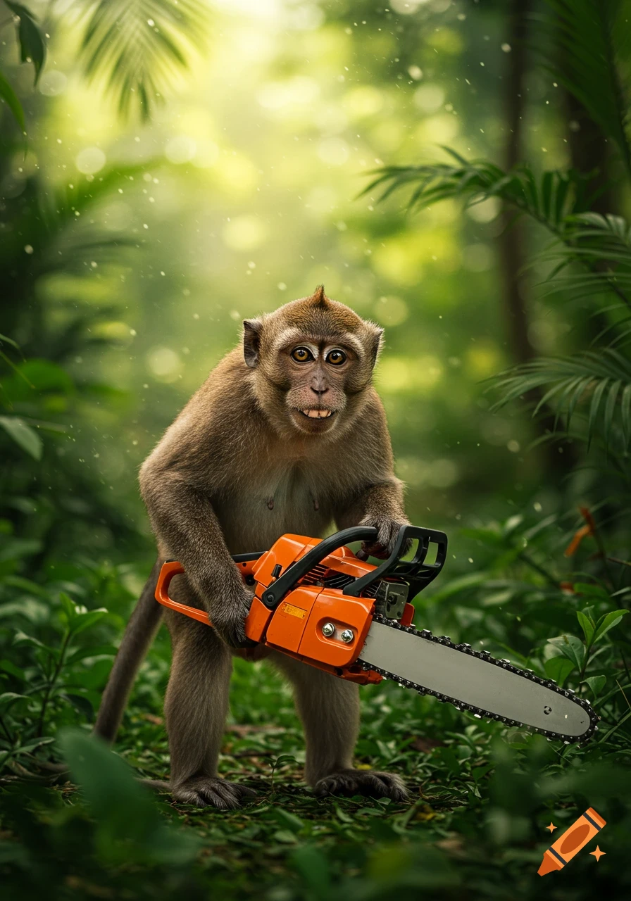 A monkey holds a chainsaw in a lush jungle setting. on Craiyon