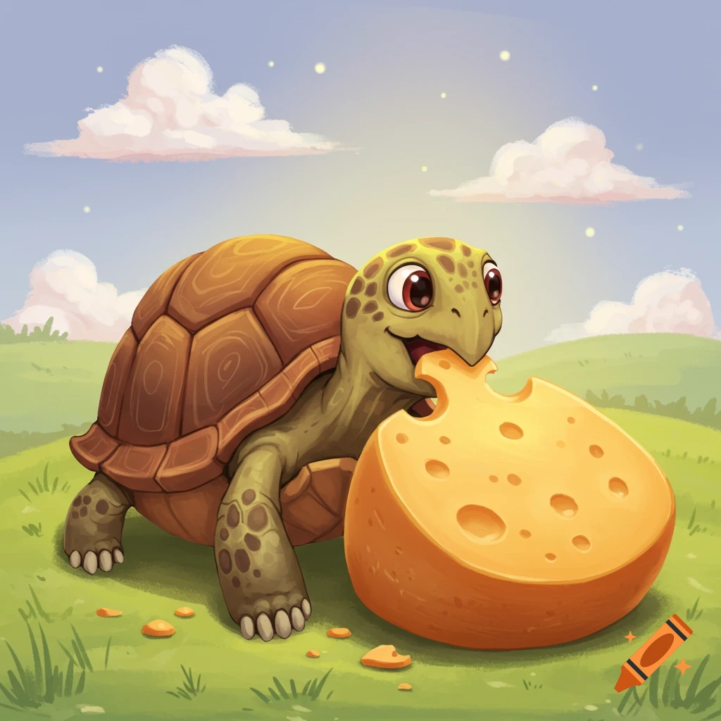 Cartoon turtle eating a large piece of cheese in a grassy field on Craiyon