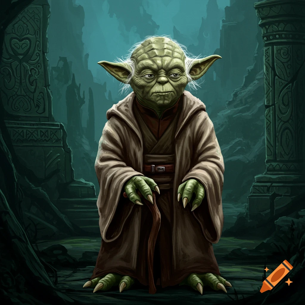 Illustration of Yoda standing with a cane in a dark fantasy ruin on Craiyon