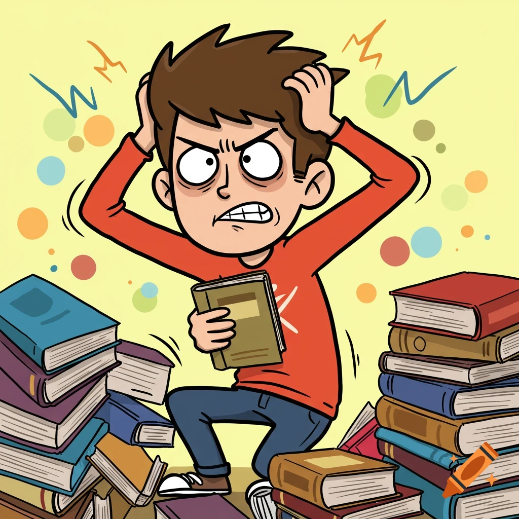 Cartoon boy looking stressed and pulling his hair, surrounded by stacks ...