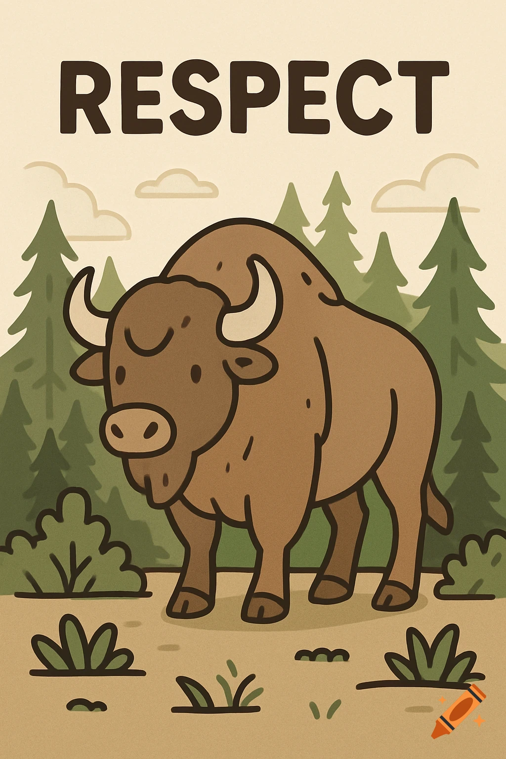 Simple illustration of a cartoon buffalo in a forest clearing with the ...