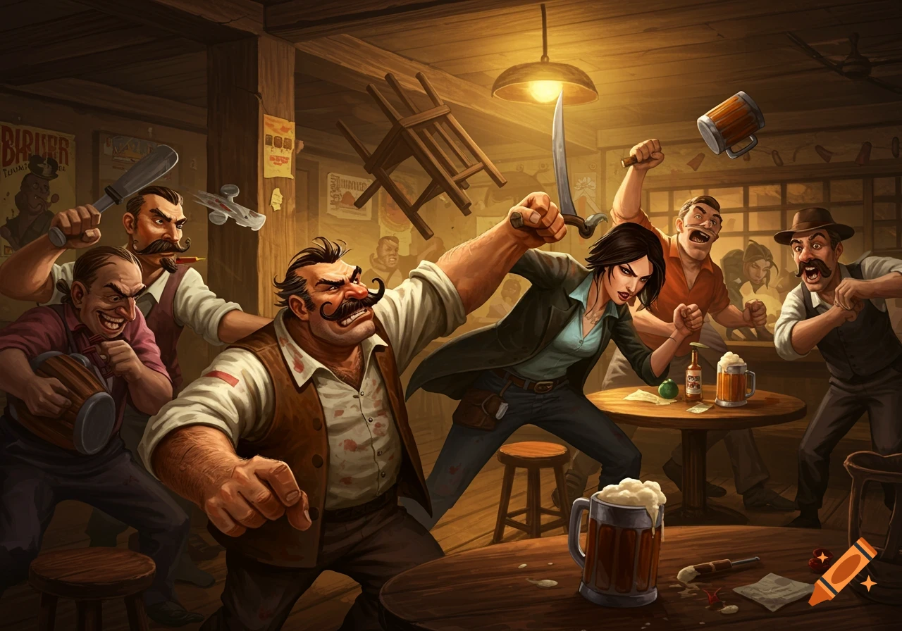 Illustration of a chaotic bar fight in a tavern with people brawling ...