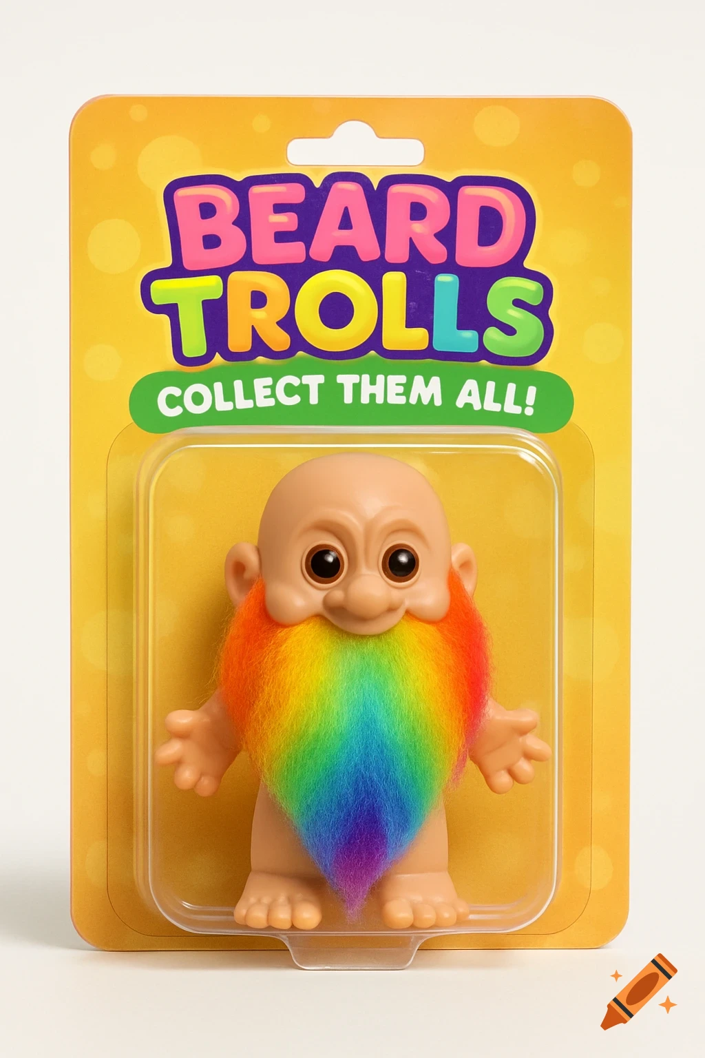Beard Troll toy in package with rainbow beard, collect them all! on Craiyon