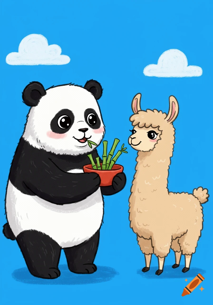 A cute cartoon panda feeds a llama bamboo against a blue sky. on Craiyon