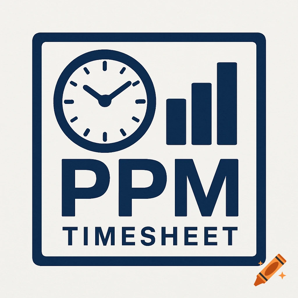 Square logo with a clock, a bar chart, and the text PPM TIMESHEET. on ...