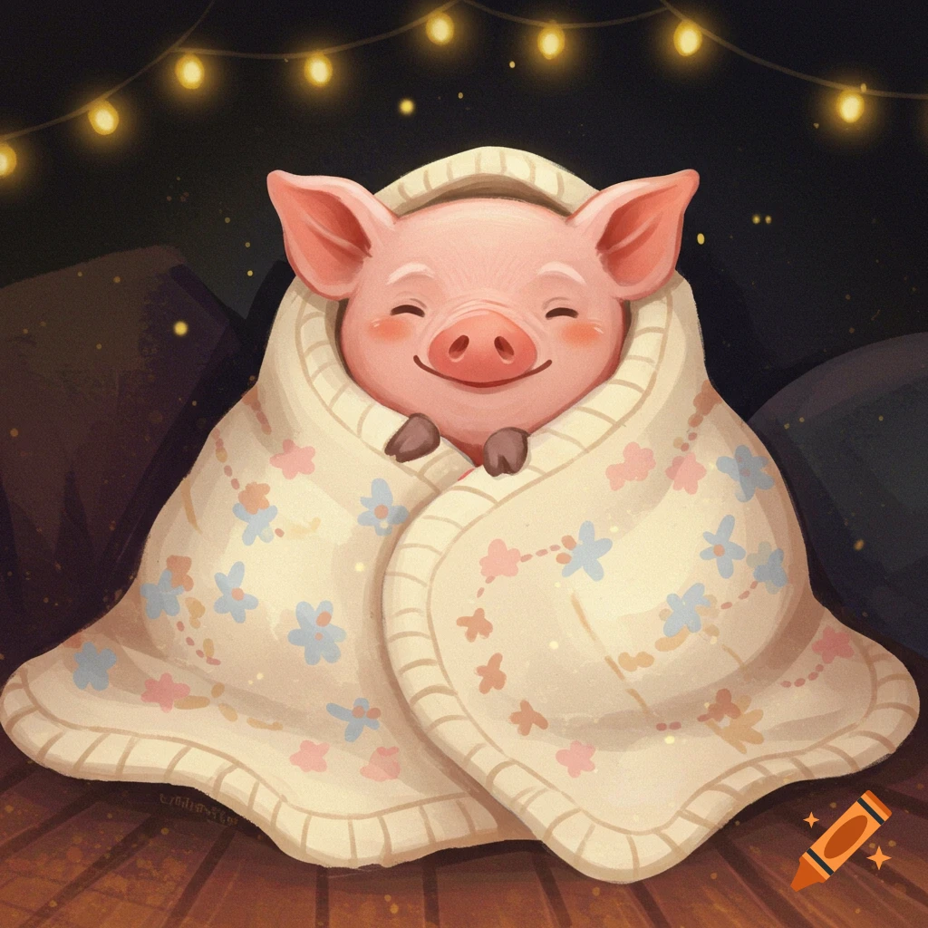 Cute pig wrapped in a floral blanket with string lights in a cozy ...