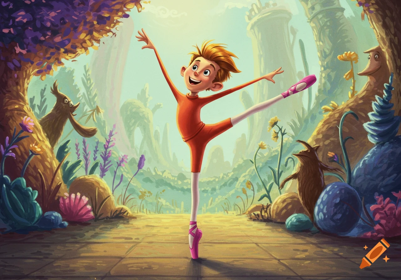 Cartoon boy in orange unitard dancing ballet on pointe shoes in a ...