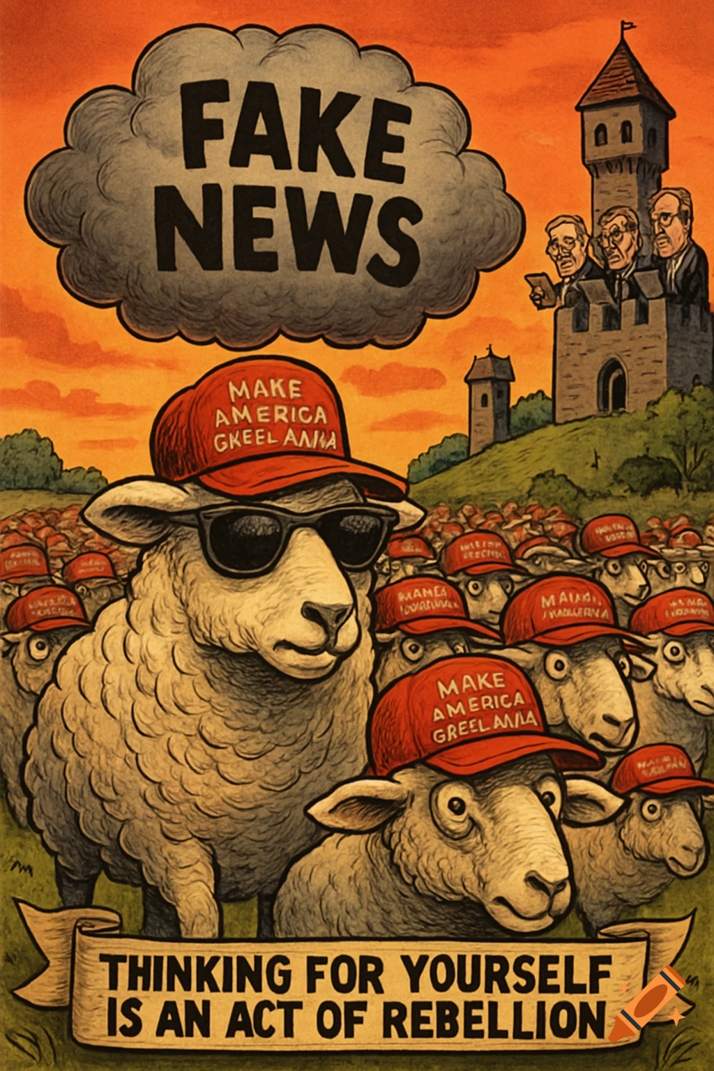 Satirical illustration of sheep in red hats and sunglasses with 'Fake ...
