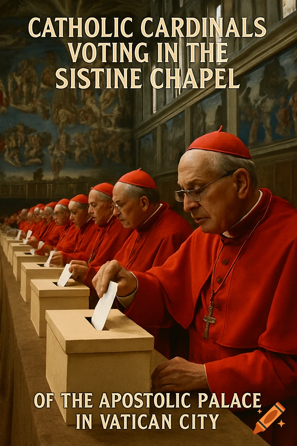 Catholic cardinals vote in the Sistine Chapel. on Craiyon