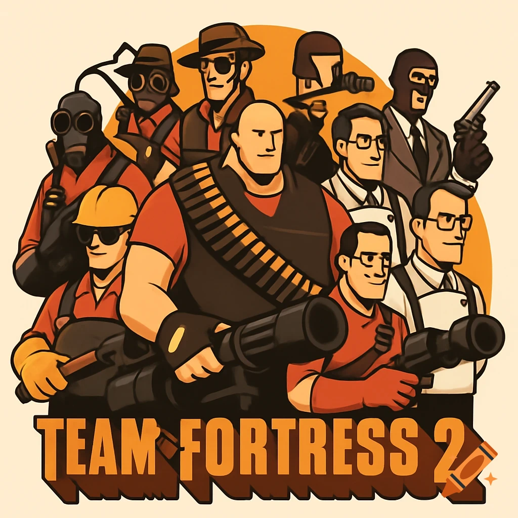 Stylized illustration of Team Fortress 2 characters with the game title ...