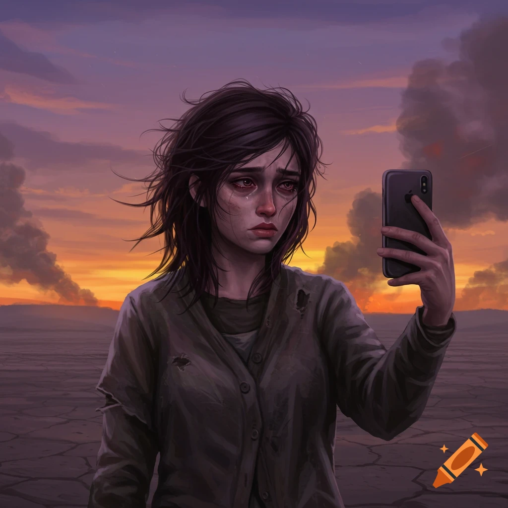 Crying woman takes a selfie with a phone in a desolate landscape at ...