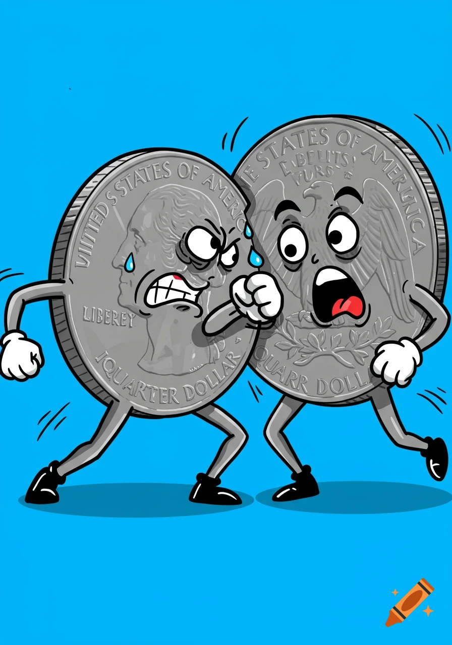 Cartoon illustration of two quarter coins fighting on Craiyon