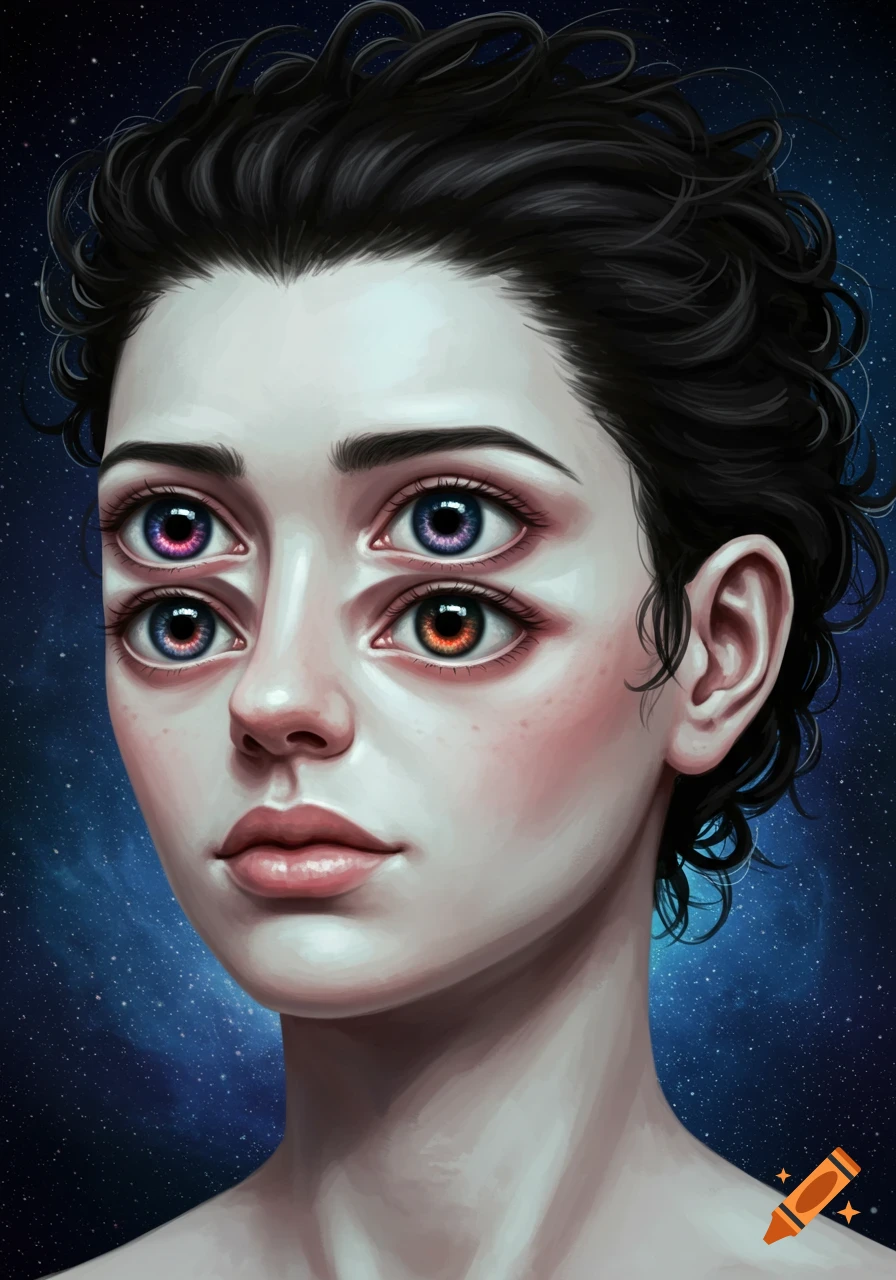 Stylized portrait of a person with four eyes against a starry space ...