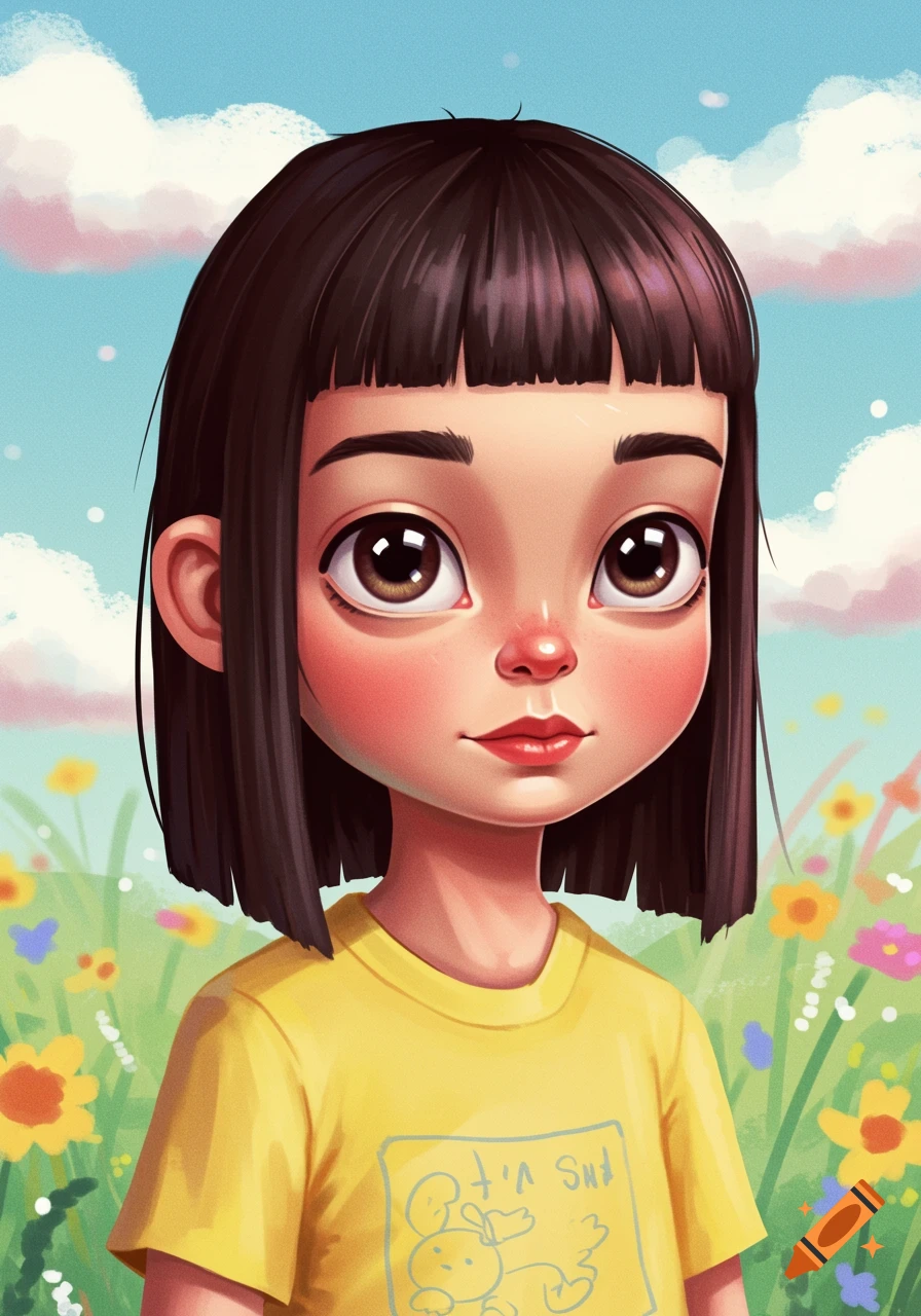 Illustration of a cartoon girl with bangs and large eyes in a field of ...