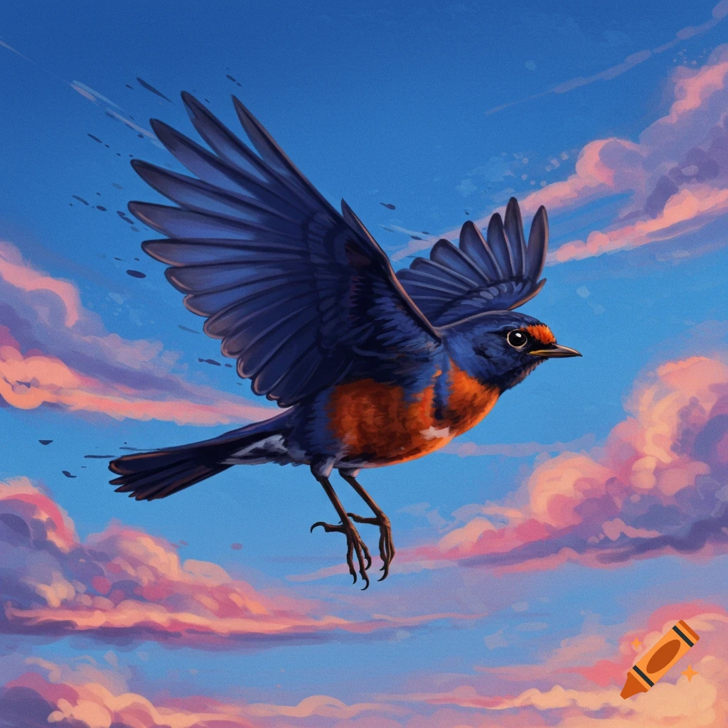 A Robin flying through a sky with pink clouds in a painterly style. on ...
