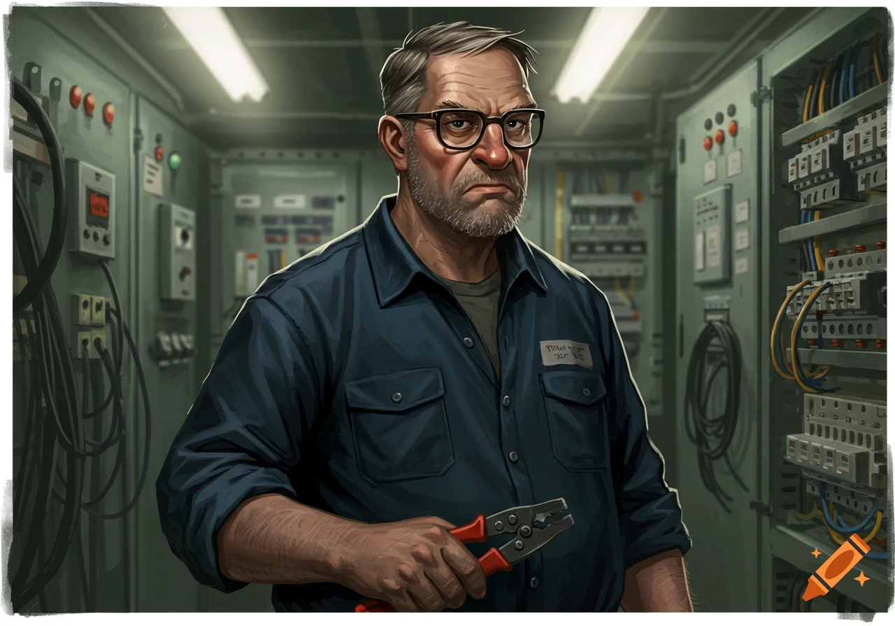 A grumpy electrician with glasses holds pliers in front of electrical ...