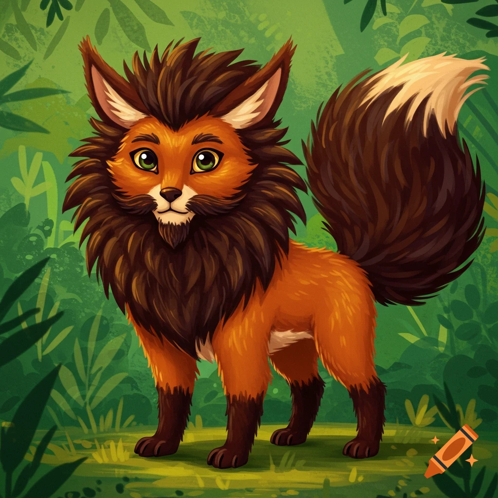 A stylized fox-like creature with a dark brown mane stands in a green ...