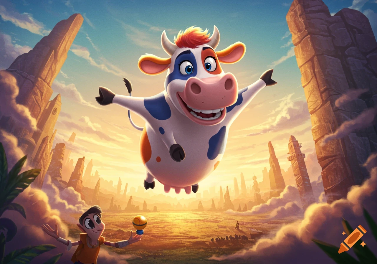 A cartoon cow flies over a boy reaching up, in a fantasy landscape at ...