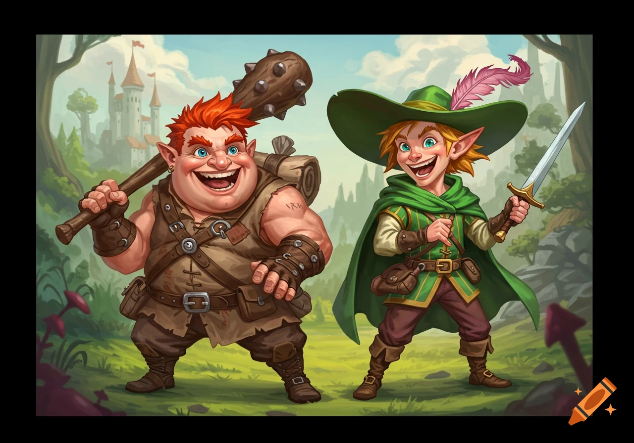 Two goofy fantasy adventurers with weapons in a forest landscape with a ...