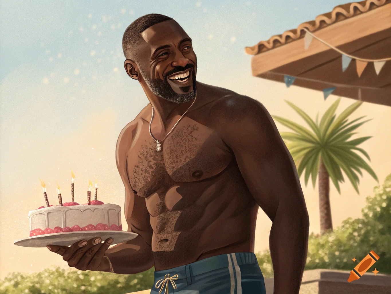 Illustration of Idris Elba smiling and holding a birthday cake. on Craiyon