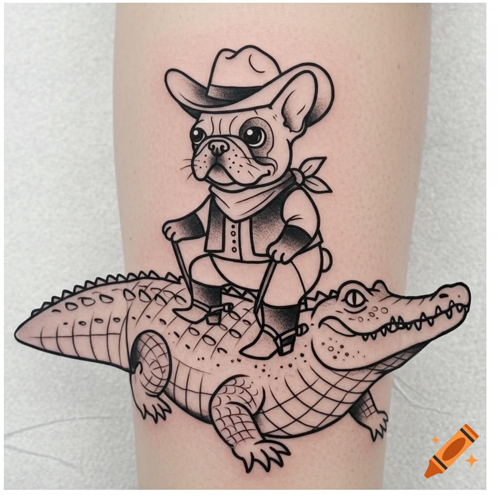 Black and white cartoon tattoo of a French Bulldog in cowboy gear ...