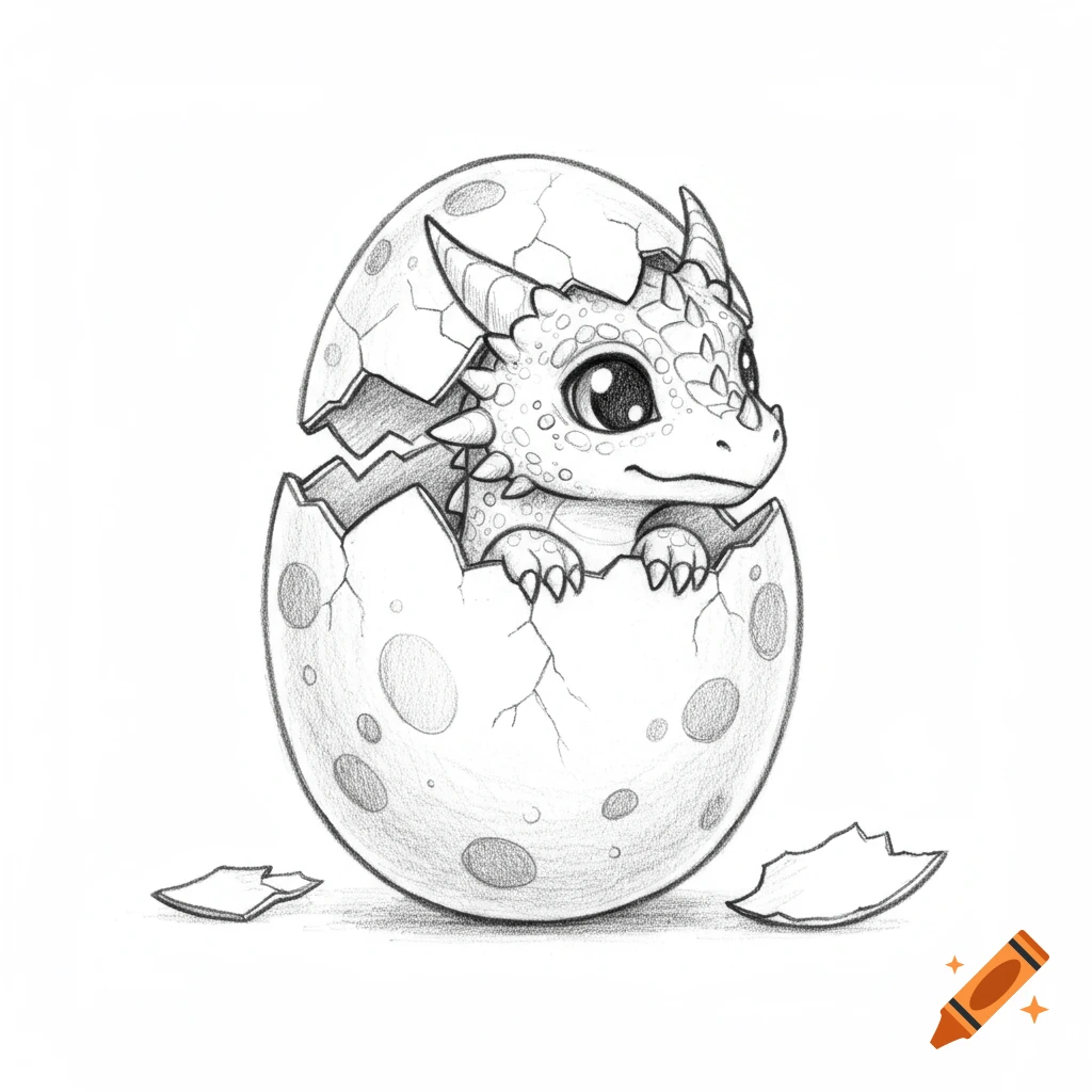 A sketch of a cute baby dragon hatching from a cracked egg. on Craiyon