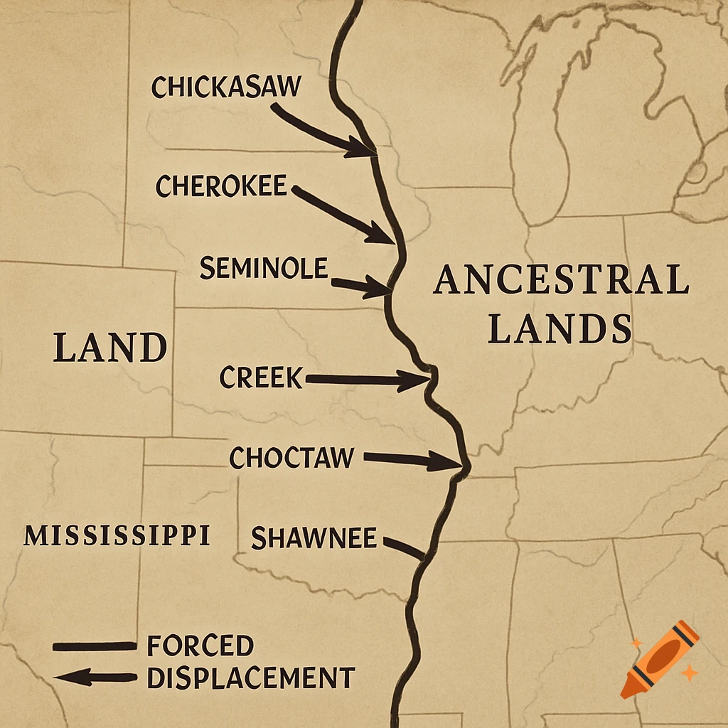 Map showing forced displacement of Native American tribes, marking ...