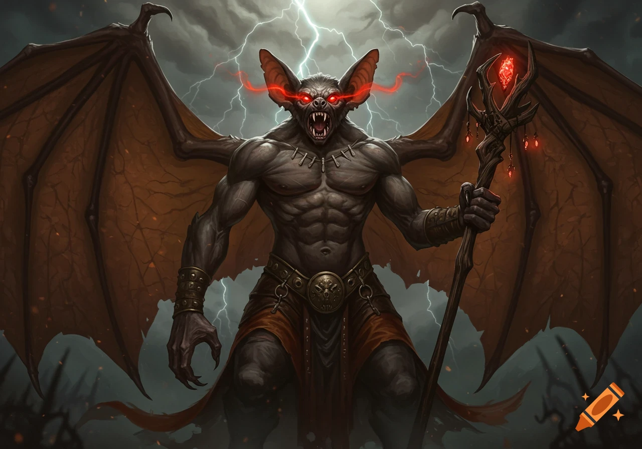 A muscular, winged humanoid bat creature with glowing red eyes stands ...