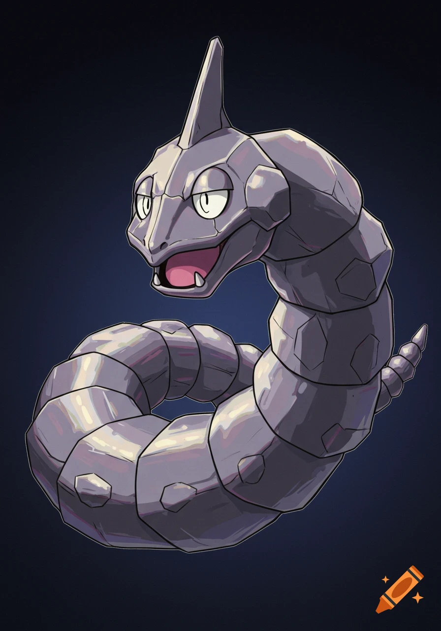A large rock snake Pokemon, Onix, depicted in a shiny metallic style ...