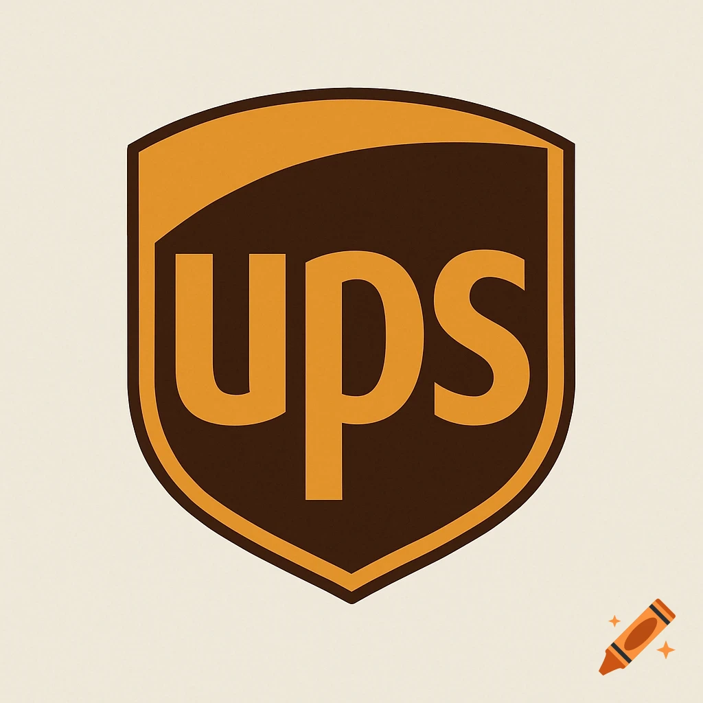 The UPS logo, a brown shield with golden-orange text 'ups'. on Craiyon