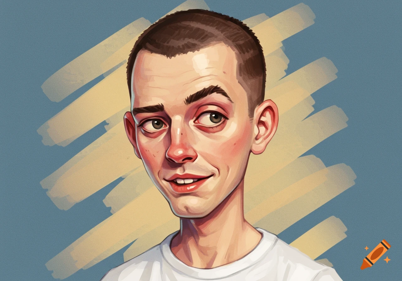 Stylized portrait of a man with a buzz cut and a goofy smile looking ...