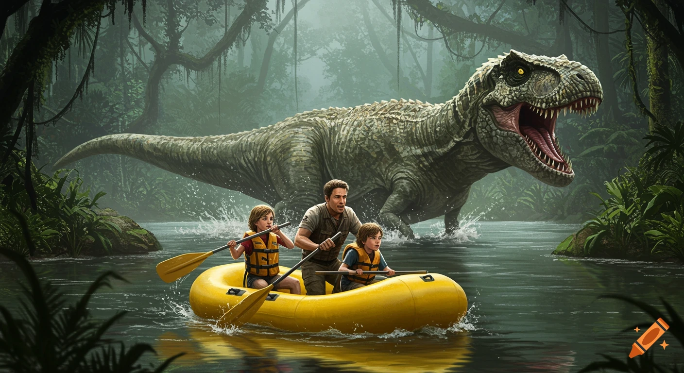 People in a yellow raft paddle away from a T-Rex swimming in a jungle ...