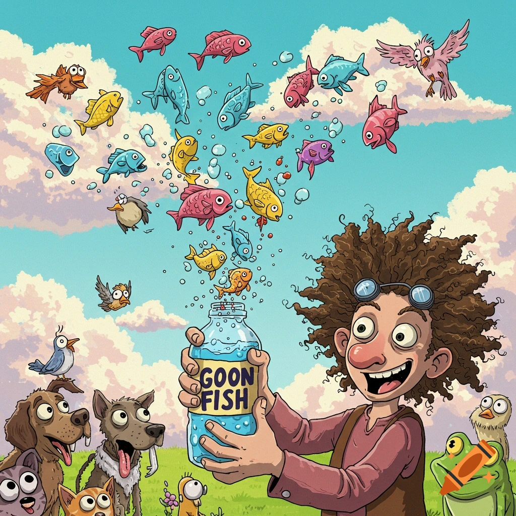 Cartoon of a person shooting fish and bubbles from a bottle labeled ...