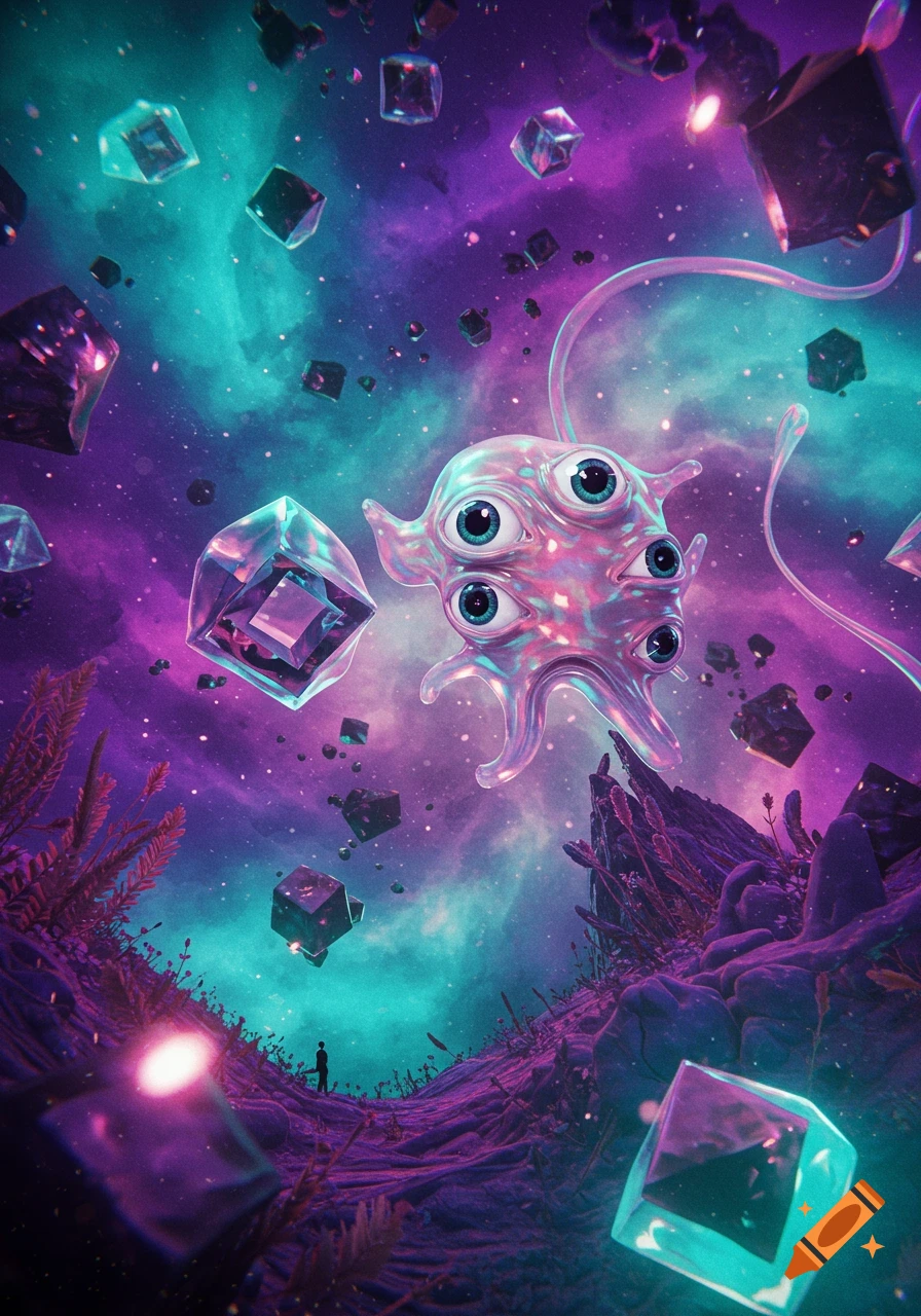 A colorful abstract scene of a multi-eyed creature floating among ...