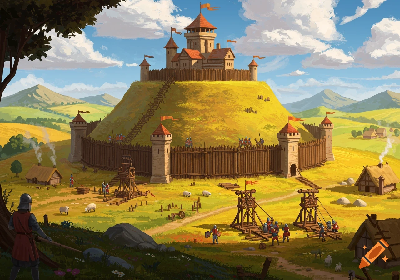 An illustration of a medieval motte and bailey castle with soldiers ...