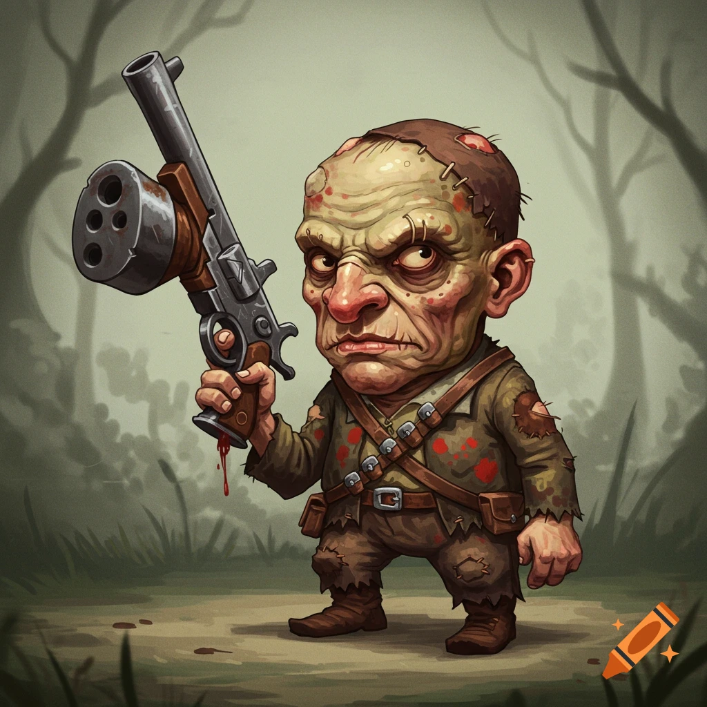 A stylized illustration of an ugly little creature holding a large gun ...