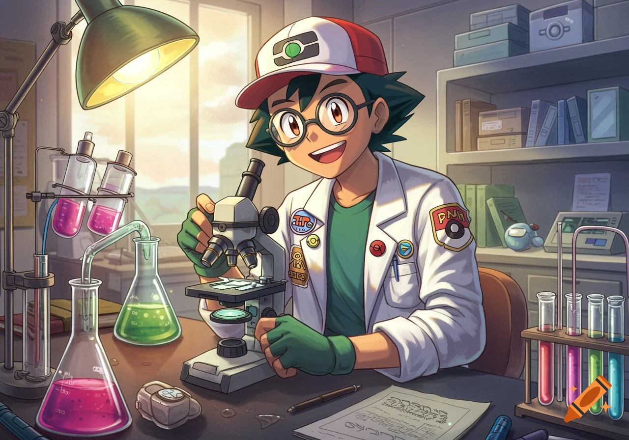 Anime illustration of Ash from Pokemon in a lab coat looking into a ...