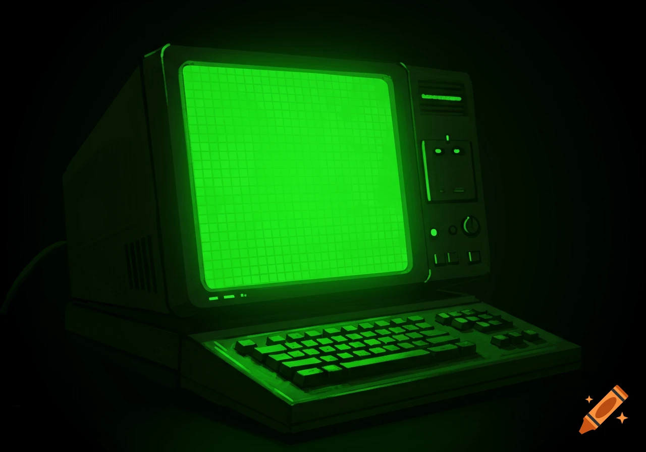 A vintage computer terminal with a bright green screen and keyboard in ...