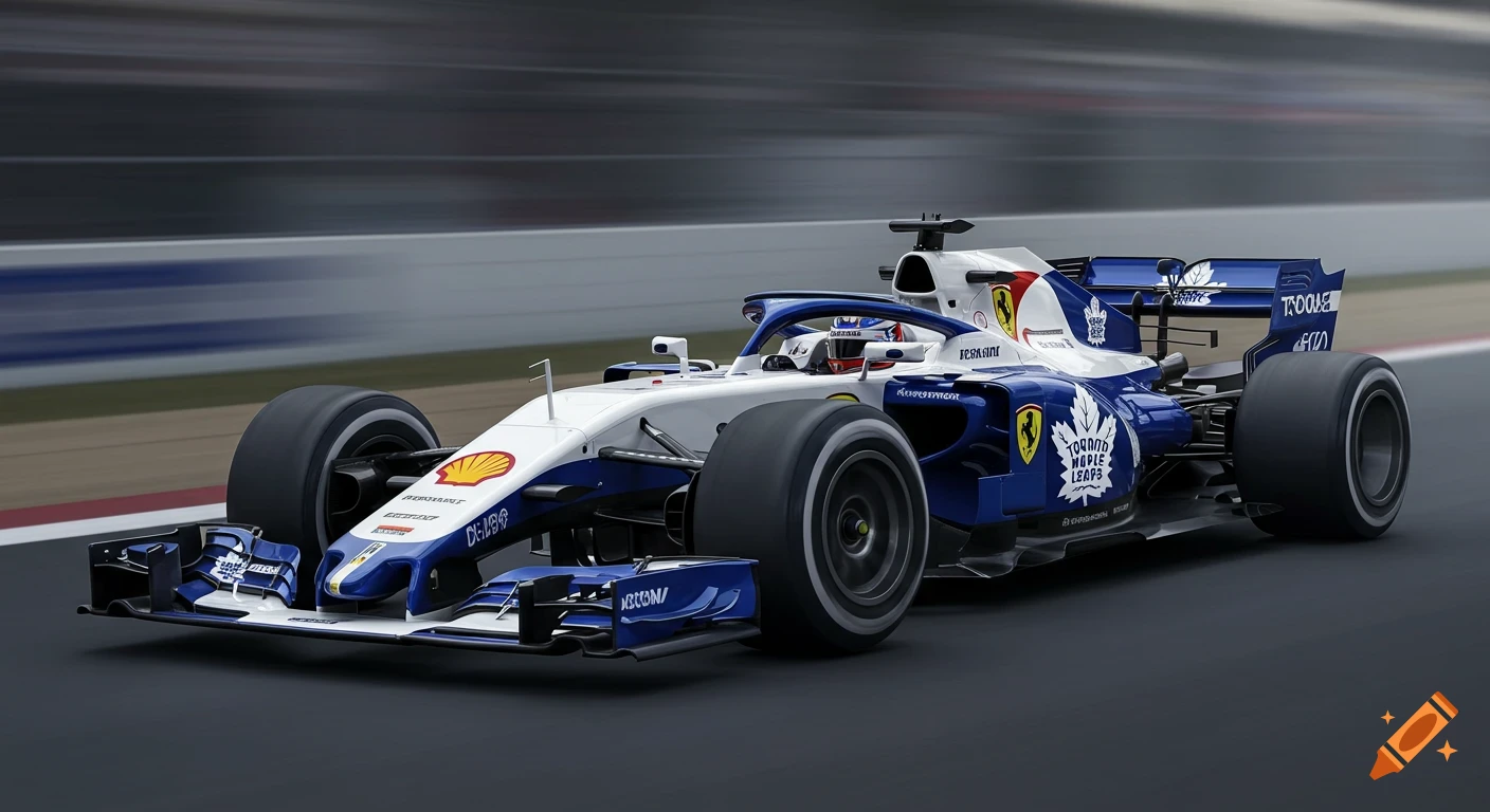 A white and blue Formula 1 race car with Toronto Maple Leafs livery ...
