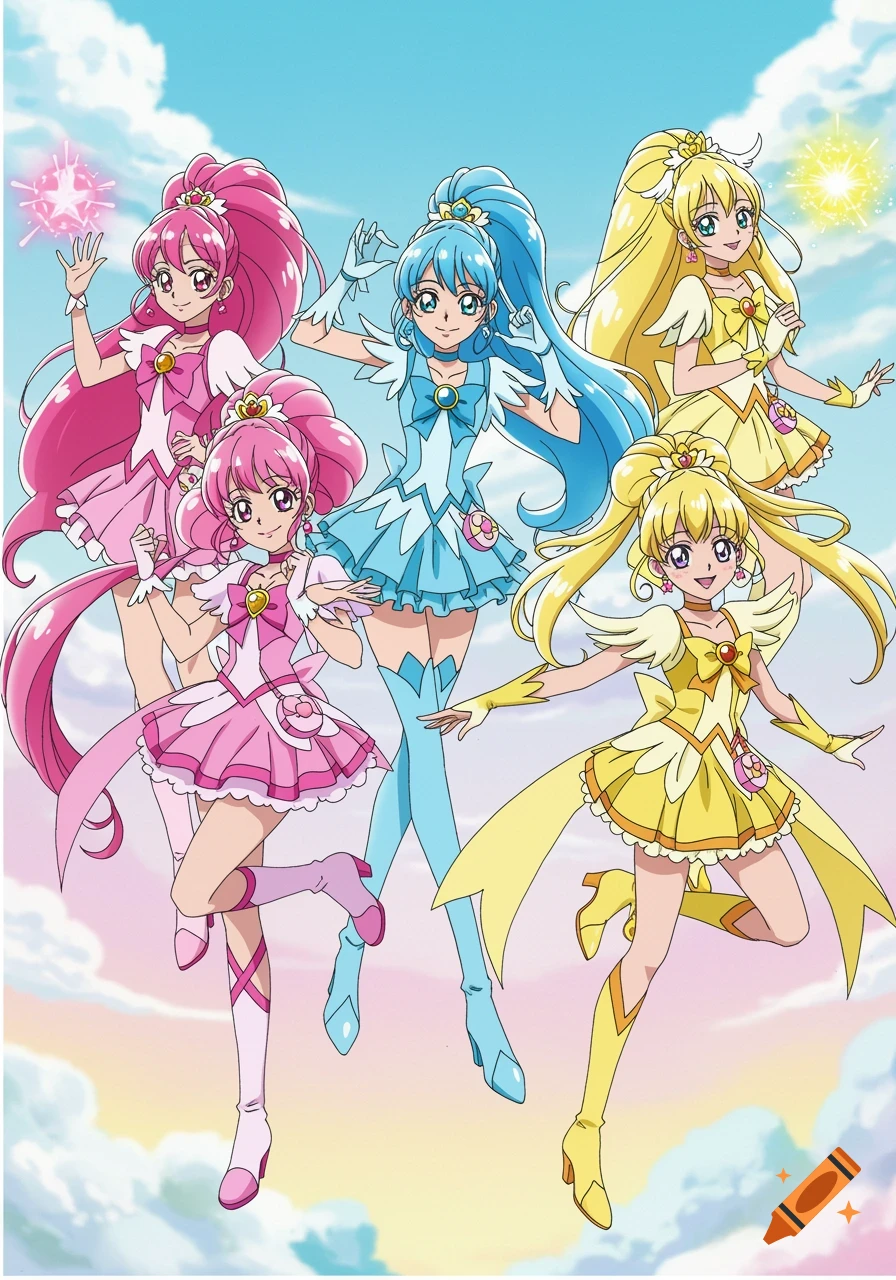 Anime illustration of five magical girls in colorful costumes floating ...