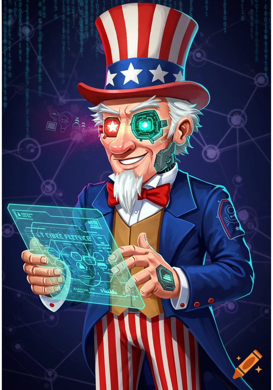 Cybernetic Uncle Sam holds a glowing screen in stylized digital art. on ...